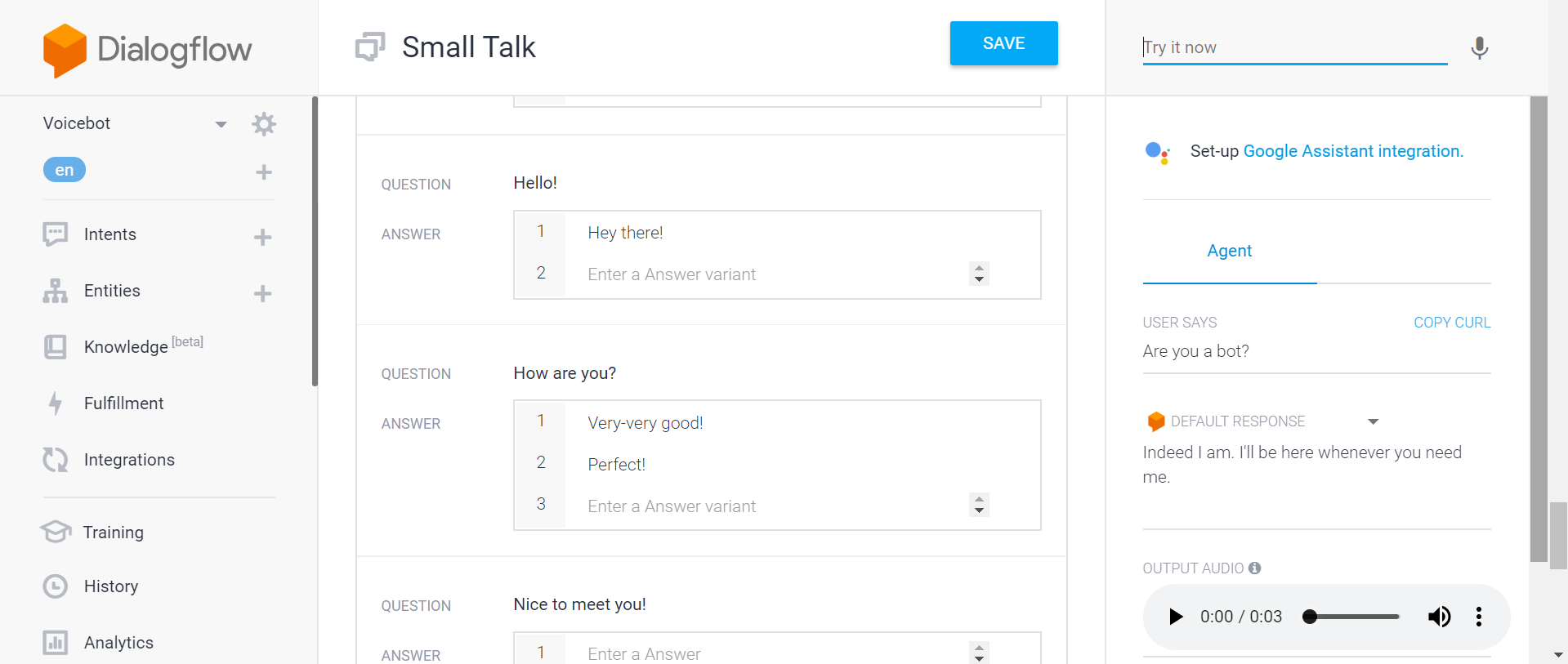 A Voice Chatbot, with Google Speech API and Dialogflow, In Action
